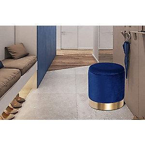 DEERUN Round Velvet Storage Ottoman Foot Rest Stool/Upholstered Footstool with Gold Plating Base,Pack of 2 (Blue)