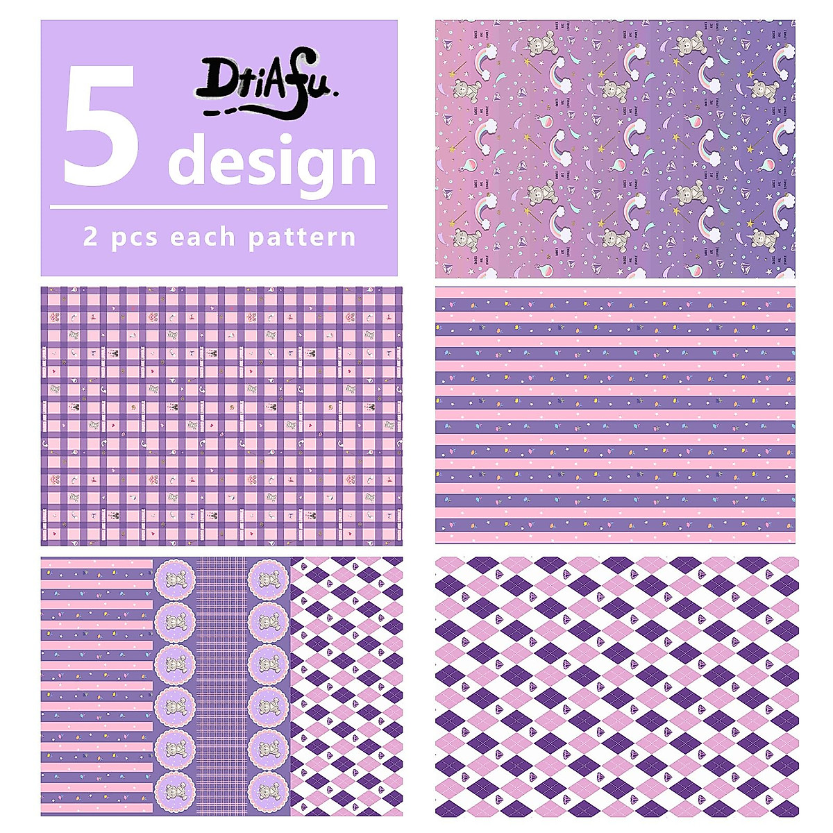 Dtiafu Baby Wrapping Paper - 10 Sheets Purple Pink Gift Wrap Paper for Baby Girl Neutral Birthday Baby Shower - Bear/Diamond, Rainbow/Floral Print - 20 x 28inch Per Sheet (Kraft)