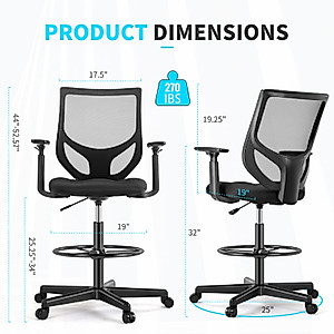 AFO Tall Drafting Chair with Adjustable Foot Ring, Ergonomic Lumbar Supportive Armrest High Resilience Sponge, Breathable Mesh, 360 Degree Swivel Rolling for Standing Desk, Dark Black