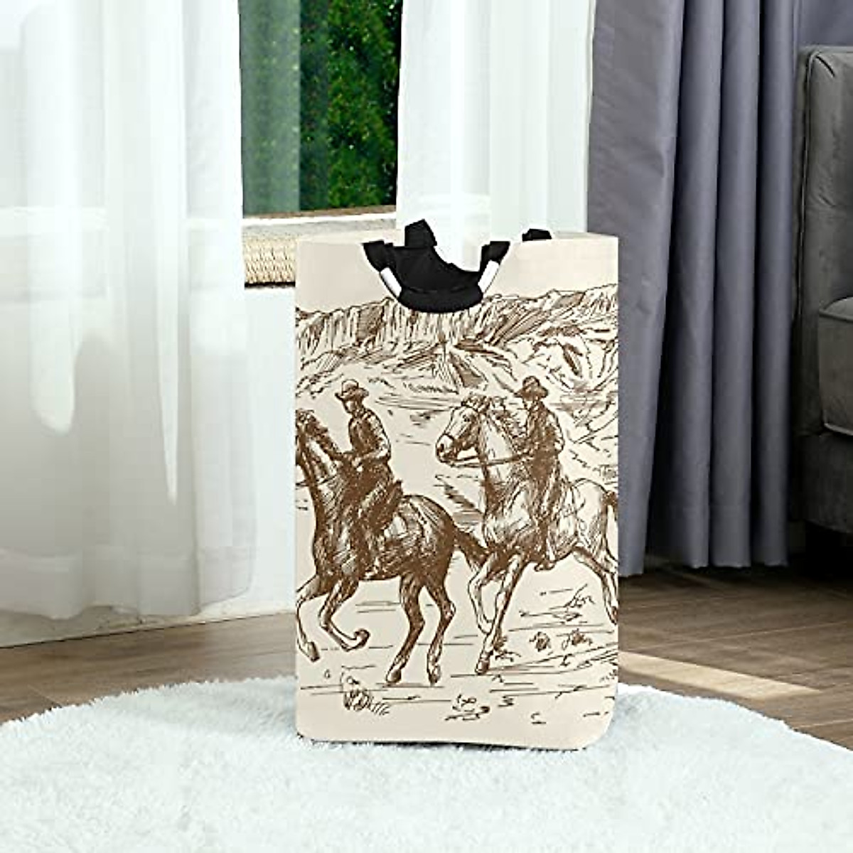 WELLDAY Laundry Hamper with Handle Western Desert Cowboy Laundry Baskets Foldable Dirty Clothes Basket Large Storage Laundry Organizer