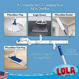 Lola Products 6-in-1 Cleaning Kit & Storage System | SPACE SAVER | 3 Mops, 1 Broom, 1 Storage Rack & 1 Handle | Cleans Dirt, Grime, Dust, & Pet Hair | Wall Mount Holder, Floor Cleaner & Dusting