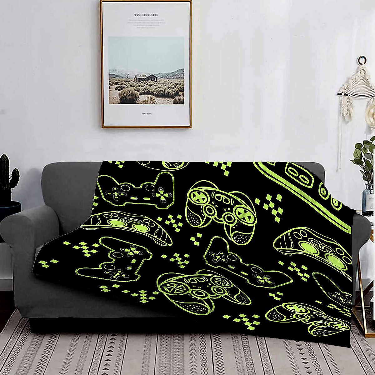 Tveinard Gaming Bedding Blanket Black Green Game Blanket Soft Fleece Gamer Throw Controller Blanket for Gamer Boys Kids 60 x 80 Inch