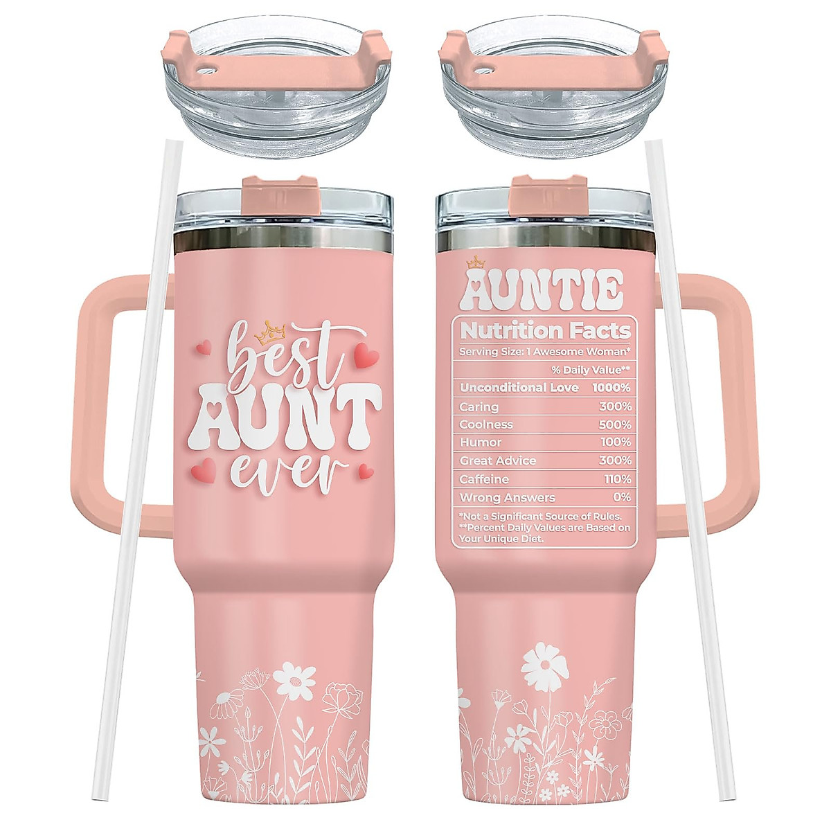 34HD Best Auntie Ever Tumbler with Handle and Straw, 40oz Stainless Steel Aunty Mug, Aunt Coffee Cup, Aunt Birthday Mothers Day Gifts from Nieces and Nephew