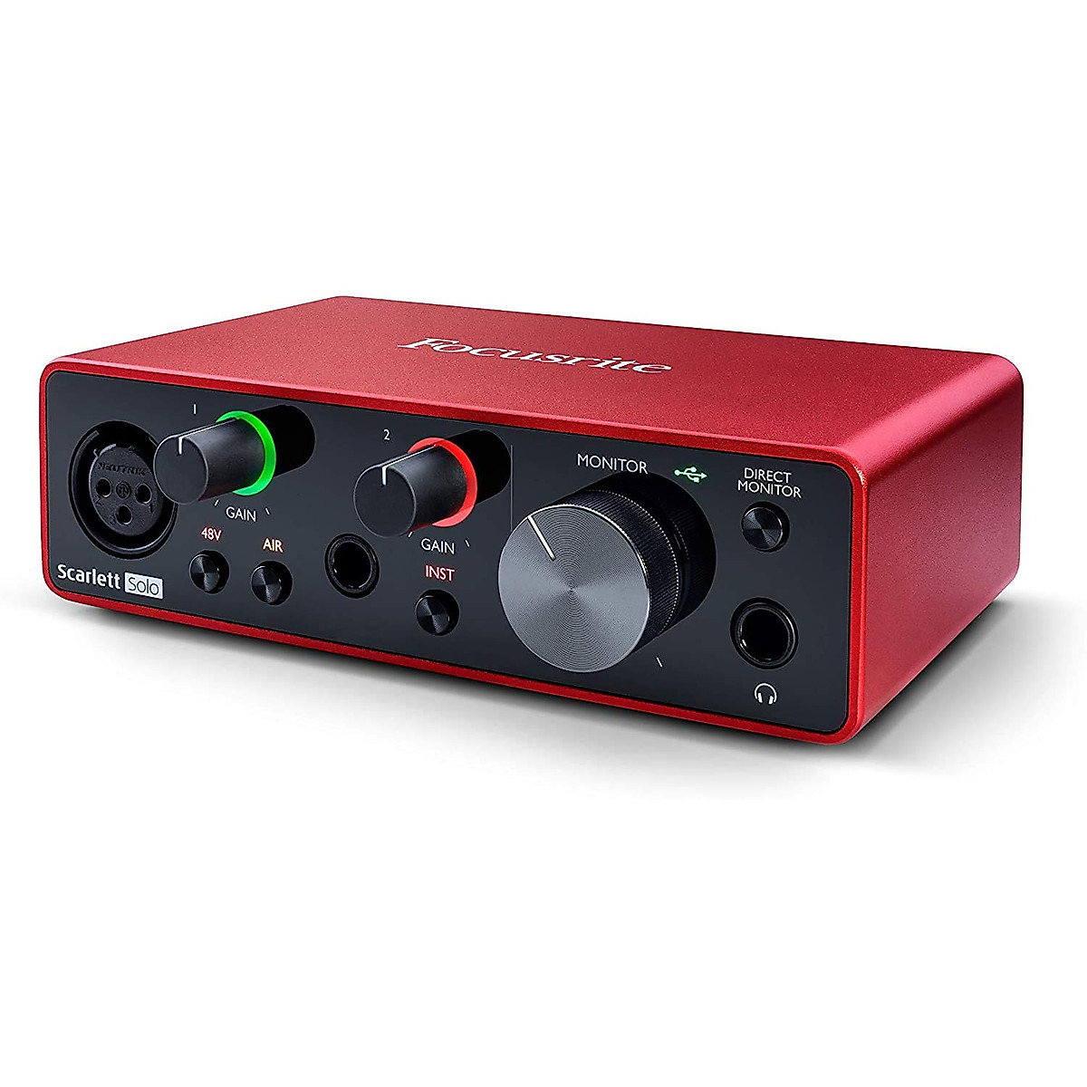 Focusrite Scarlett Solo 2x2 USB Audio Interface Full Studio Bundle with Creative Music Production Software Kit and Eris 4.5 Pair Studio Monitors and 1/4” Instrument Cables