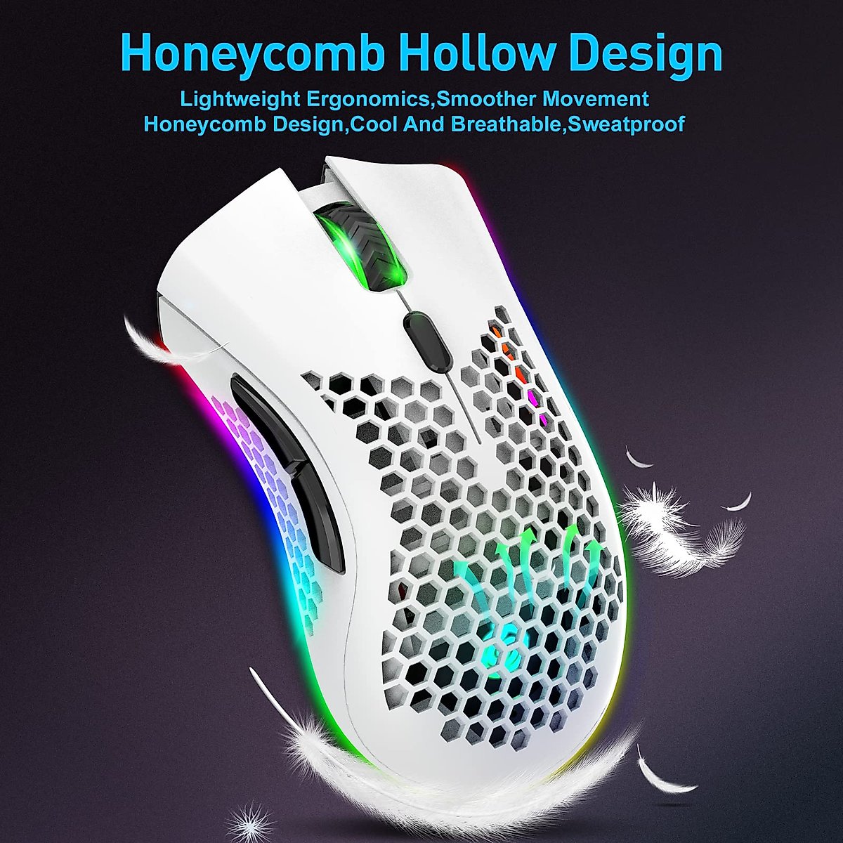 HETOETF Wireless Gaming Mouse Lightweight Honeycomb Design, Rechargeable RGB Backlight Computer Mouse with USB Receiver,Adjustable DPI,2.4GHz Wireless Mouse for PC/Mac/Laptop