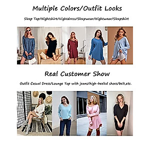 Ekouaer Womens Night Shirts V Neck Sleep Shirt Long Sleeve Tshirt Nightgowns Oversized Shirt Dress(Navy Blue,Large)