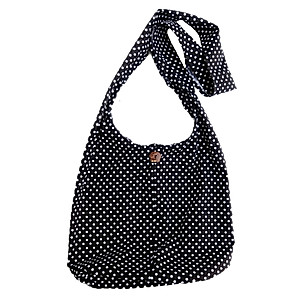 Handmade Cotton Cross body Shoulder Sling Bag (Black/w White Polka Dot)