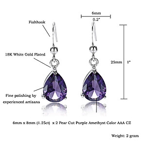 RIZILIA Dangle Drop Pierced Earrings with Pear Cut CZ [Simulated Purple Amethyst] in White Gold Plated, Simple Modern Elegant