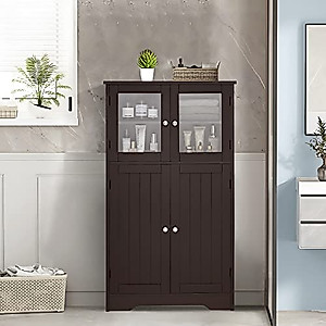 Iwell Bathroom Storage Cabinet, Linen Cabinet with Glass Doors & Adjustable Shelf, Freestanding Storage Organizer for Living Room, Home Office, Bathroom, Brown