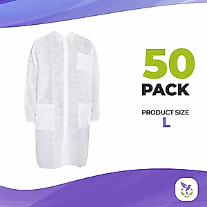 AMZ Medical Supply White Disposable Lab Coat Women and Men, Large. Pack of 50 Medical PPE Coat. Spunbonded PP 30 GSM Disposable Lab Coats for Adults with Elastic Wrists, Front Snaps, Pockets