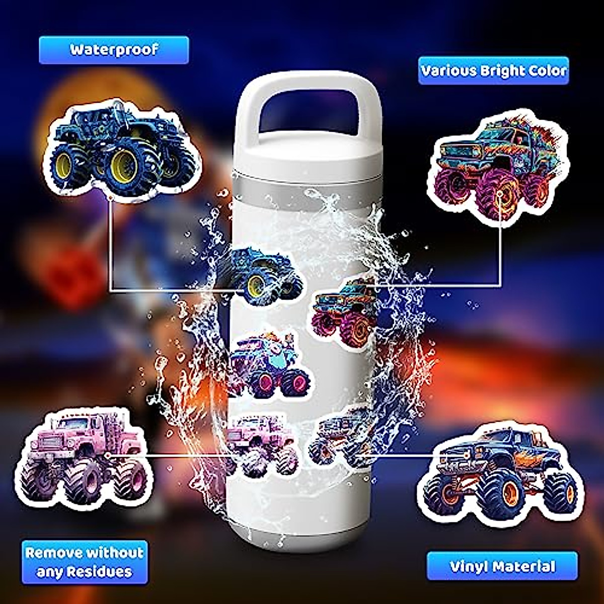 50 PCS Cool Monster Truck Stickers, Car Stickers for Kids Teens Adults, Monster Truck Party Favors, Waterproof Vinyl Stickers for Water Bottle Laptop Luggage Guitar