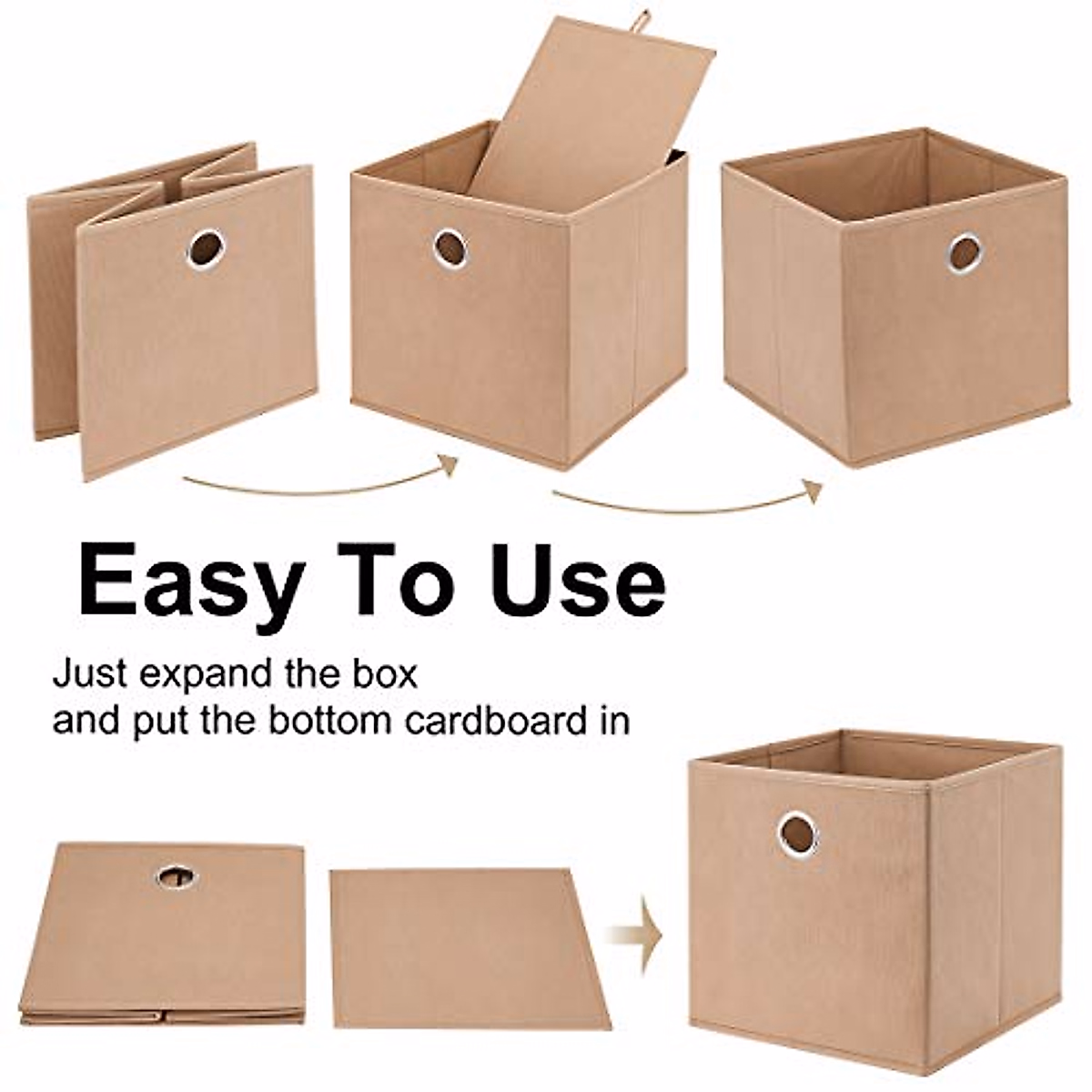 i BKGOO Foldable Storage Cube Drawer Bins Collapsible Fabric Storage Boxes with Round Metal Grommets for Organizing Shelf Nursery Home Closet 4Pack&6Pack 11x11x11 inch (6 Pack Beige, 11x11x11 inch)
