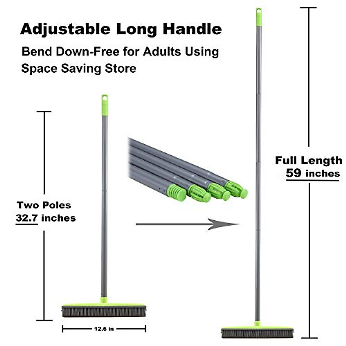 LandHope Push Broom Long Handle Rubber Bristles Sweeper Squeegee Edge 59 inches Non Scratch Bristle Broom for Pet Cat Dog Hair Carpet Hardwood Tile Windows Clean Water Resistant (Multi Segment Handle)