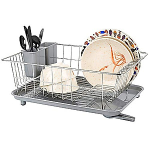 WHITGO Dish Drying Rack with Drain Board, Stainless Steel Dish Drainer Drying Rack with Utensil Holder for Kitchen Counter, Dish Drain Rack with One Cleaning Cloth