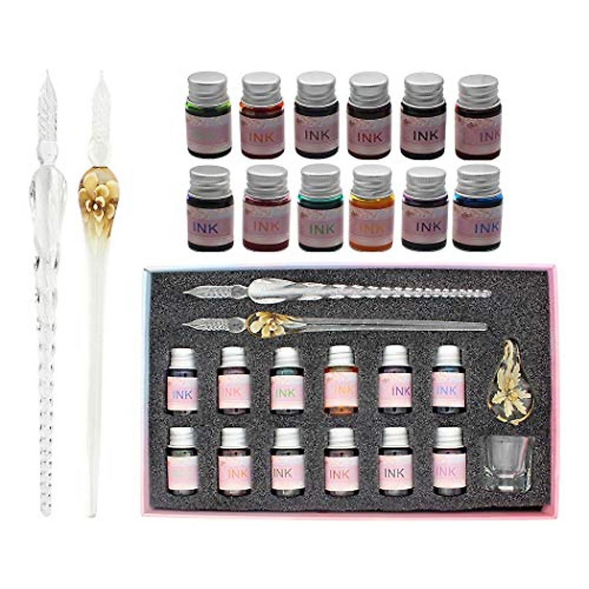 XIAOYU Glass Dip Pen Ink Set, 16 Pieces Calligraphy Pens Set - 12 Colorful Inks, Pen Holder, Cleaning Cup, 2 Crystal Glass Pens for Writing, Signature - Yellow