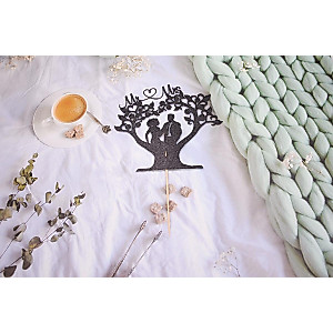 Romantic Mr & Mrs Under the Tree Wedding Cake Topper, Bride and Groom, Funny Love Cake Party Decorations, Black Glitter