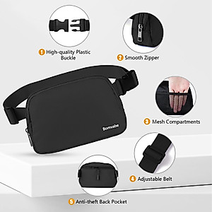 Bomvabe Black Fanny Pack for Women Girls Boys Teens, Crossbody Bag with Adjustable Strap 32" to 51", 1L Mini Belt Bag, Small Waist Bag Lightweight for Travel Sport Running Cycling Hiking