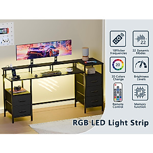 Korfile Computer Desk with Power Outlets & LED Lights, Reversible Gaming Desk with 5 Fabric Drawers for Bedroom, 55 Inch Home Office Desk with Monitor Stand & Storage Shelves for Working, Black