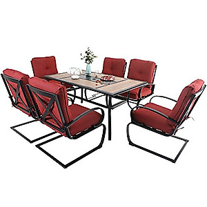 MFSTUDIO 7PCS Outdoor Patio Dining Table Set, 6 Spring Motion Chairs, 1 Rectangular Table Woodlike Top with 1.57" Umbrella Hole, Lawn Backyard Garden Furniture Sets, Burgundy