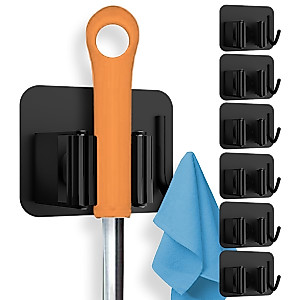 Mop Broom Holder Wall Mounted Heavy Duty No Drill, Adhesive Mop 304 Stainless Steel Mop Hanger Wall Mount Stick on w Hooks for Bathroom Kitchen Closet Garage Garden Organizer with 6 Hooks (Black)