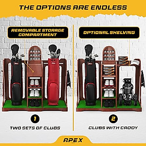 Apex Sports Golf Bag Organizer - Handcrafted Wood Design, Bag Stand, Ball Display, Storage Shelves, Garage Rack (Cherry)