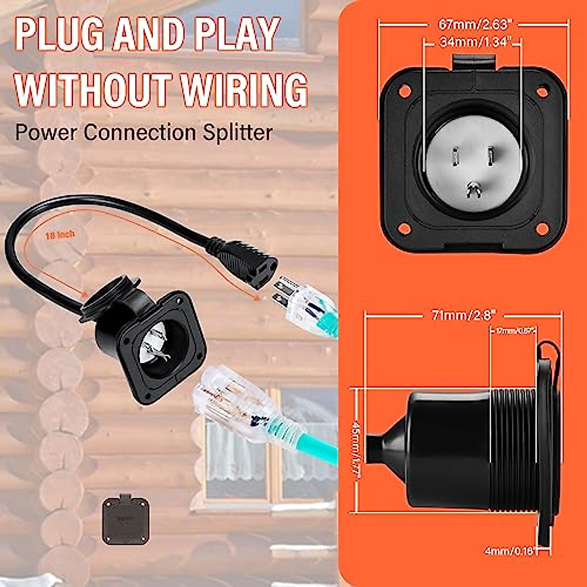 WELLUCK 15 Amp 125V AC Power Inlet Port Plug with Integrated 18" Extension Cord, NEMA 5-15 RV Flanged Inlet with Waterproof & Back Cover, 2 Pole 3-Wire Shore Power Plug for Boat