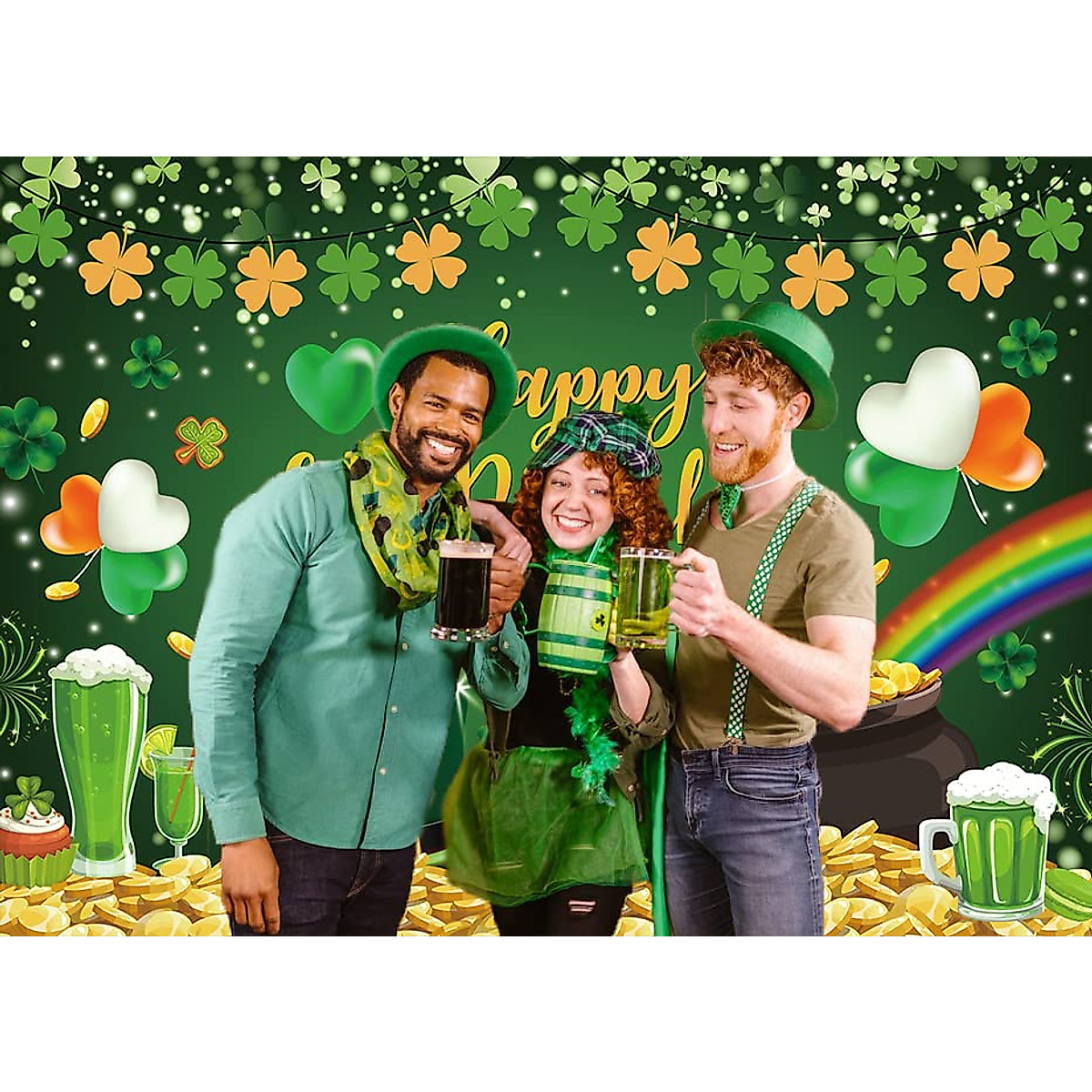 Happy St.Patrick's Day Backdrop 7x5FT Green Lucky Irish Shamrock Pot of Gold Coins Photography Background Holiday Party Supplies Newborn Kids Adults Portraits Photo Booth Props (84x60 inch)