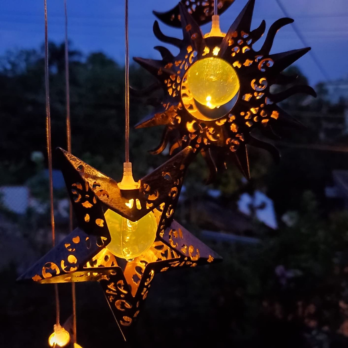 Tryme Solar Powered Wind Chimes with Sun Moon Star Warm LED Windchimes Hanging Outdoor Lights Unique Decor Gifts for Wife Mom Grandma Neighbors