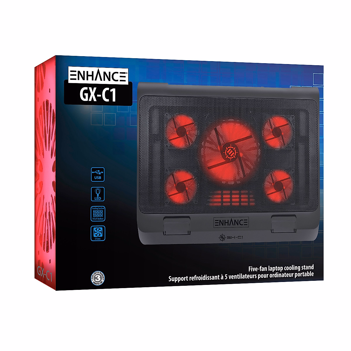 ENHANCE Gaming Laptop Cooling Pad Stand with LED Cooler Fans , Adjustable Height , & Dual USB Port for 17 inch Laptops - 5 Ultra Quiet High Performance Fans 2630 RPM & Built-In Bumpers - Red