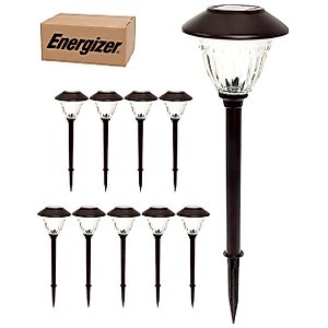 Energizer LED Solar Pathway Lights - 10 Pack of [Bronze] Outdoor Solar Lights - IP65 Waterproof w/Auto On/Off - Patterned Glass and Metal Construction Coated in Bronze