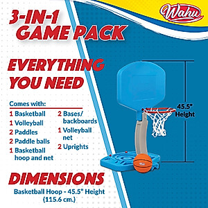 Wahu 3-in-1 Pool Sports Game Pack with Basketball and Hoop, Volleyball and Net, and Paddles and Paddle Balls, Pool Volleyball, Basketball, and Paddle Ball Set