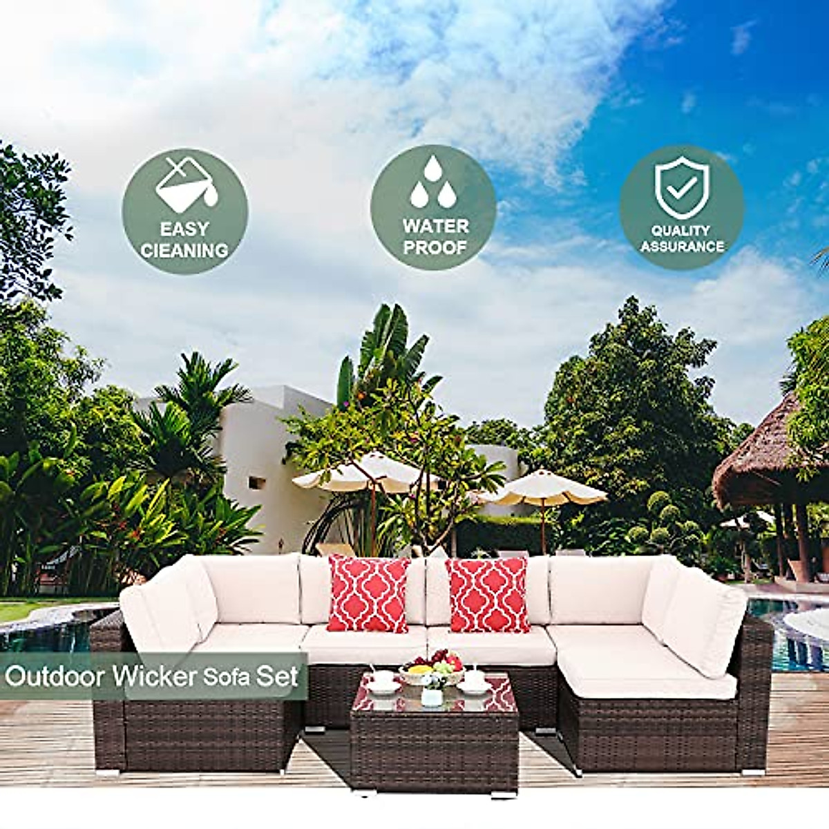 Polar Aurora 7 Pieces Outdoor Patio Sofa Set PE Rattan Wicker Sectional Furniture Outside Couch w/Washable Seat Cushions & Modern Glass Coffee Table