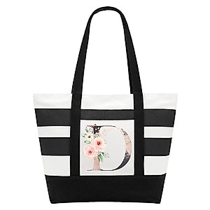 PARBEE Initial Canvas Tote Bag, Stripe & Floral Monogrammed Tote Bag with Pocket Top Zipper, Large Beach Bags Monogram Gift for Women Bridal Shower Wedding Birthday Mom Teachers, D