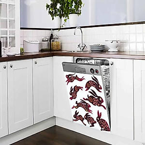 Dishwasher Magnet Cover Chinese Zodiac Rabbit Design Magnetic Refrigerator Stickers Decorative Appliance Cover Fridge Panels Metal Door Garage 23" Wx26 H