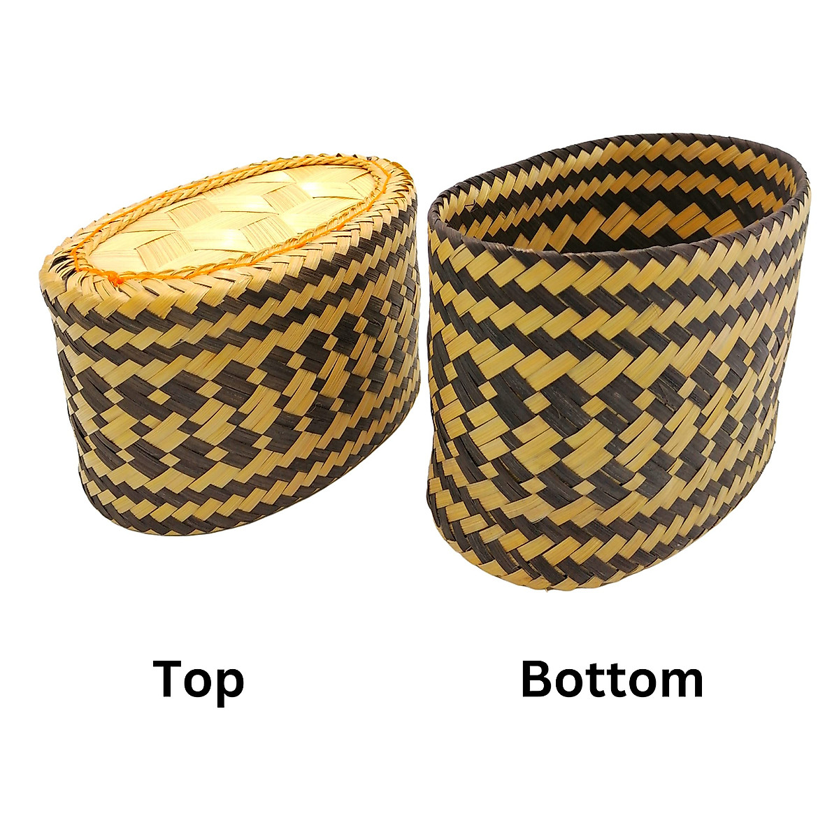 Bamboo Sticky Rice Serving Basket 6 x 3.7 Inch, Kratip, Intricately Woven Container, Oval-Shaped Pattern, Thailand Handmade, Dyed with Natural Based Black Charcoal (Mini Heart) (Double Square)