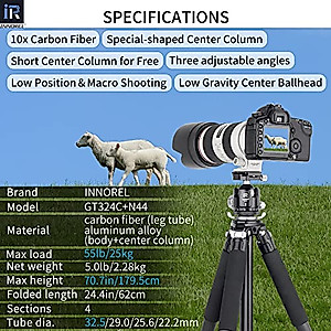 Carbon Fiber Tripod-INNOREL GT324C Professional Compact Tripod for DSLR Camera Heavy Duty Stand with Low Gravity Center Ball Head Special-Shaped Center Column Max Load 55lbs/25kg
