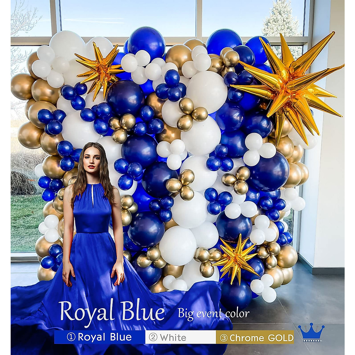Royal blue and Gold balloon Garland Arch Kit 156Pcs Blue Gold white Starburst balloons for Wedding prince Baby shower for Boy Men birthday decorations Graduation Ceremony supplies