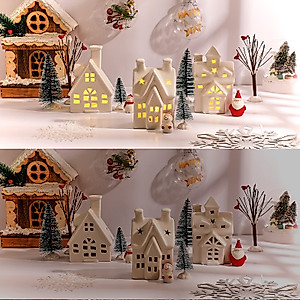 9 Piece Miniature Christmas Village with LED Lit Porcelain Houses, Figurines, Trees, Fences and Accessories