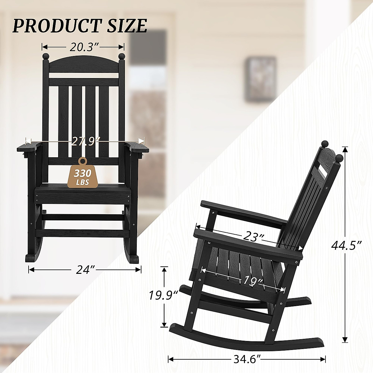 Cozyman Outdoor Rocking Chairs Set of 2, All Weather Resistant Porch Rocker Chairs with High Back, 350Lbs Support, HDPS Composite Rocking Chair for Backyard, Patio, Garden, Indoor, Black