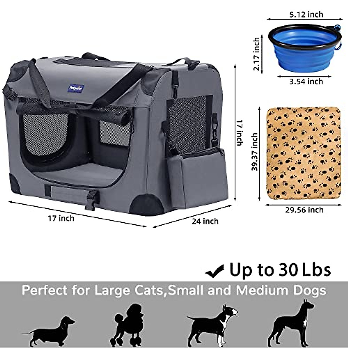 Petprsco Portable Collapsible Dog Crate, Travel Dog Crate 24x17x17 with Soft Warm Blanket and Foldable Bowl for Large Cats & Small Dogs Indoor and Outdoor