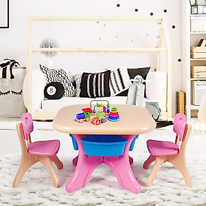 HONEY JOY Kids Table and Chair Set, Plastic Children Activity Table and 2 Chair Set w/Storage Bins, 3 Piece Child Furniture Set for Daycare Playroom, Toddler Table and Chair Set for Boys Girls(Pink)