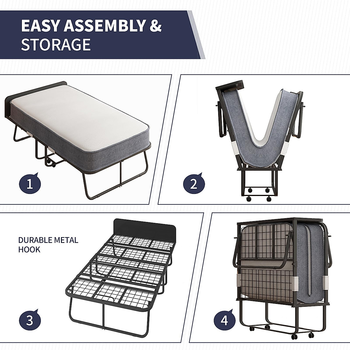 ijuicy Folding Bed,75" x 31" Rollaway Bed with 5”Thickness Mattress for Adults,High Rebound Foam Filling,Folding Bed with Storage Cover,Steel Frame with 4 Movable and Lockable Wheels