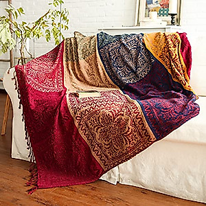 VEYING Boho Throw Blankets,Bohemian Bed Throws,Chenille Tassels Throw Blanket for Couch Sofa,Chair Bed，Hippie Room Decor,Hippie,Indian Throw Blankets (Red Navy Yellow 60x75)