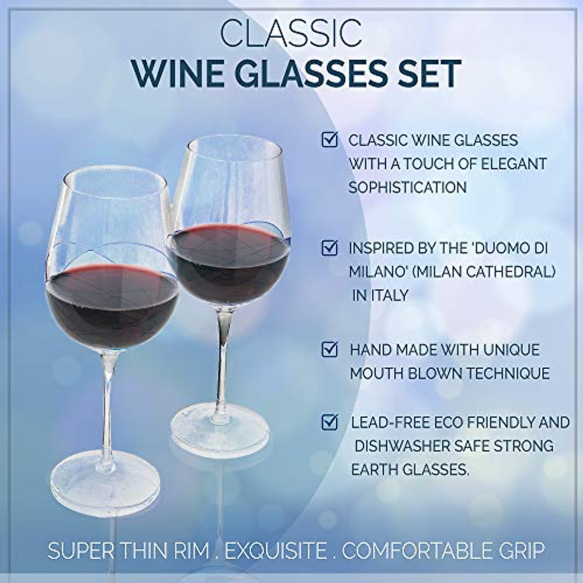 Bezrat Red Wine Glasses Set of 2, Hand Painted Wine Glass, Drinkware Essentials, 11" H, 28oz Wine Lover Large Glass, Glassware Gifts Ideas for Women Inspired by 'Duomo di Milano' Mothers Day (Blue)