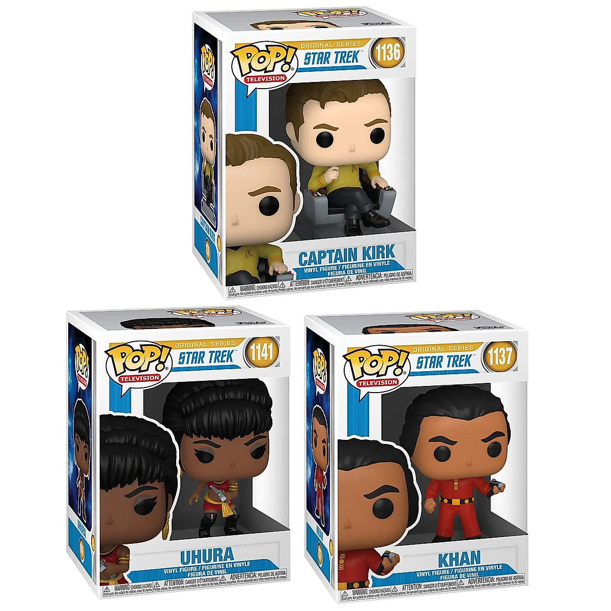 Funko TV: POP! Star Trek Collectors Set 1- Captain Kirk in Chair, Khan, Uhura, Multicolor, 3.75 inches