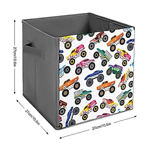 DamTma Storage Cubes Color Monster Trucks 11 Inch Cube Storage Bin with Handles Cartoon Car Fabric Collapsible Cube Baskets for Shelf Toys Clothing Books