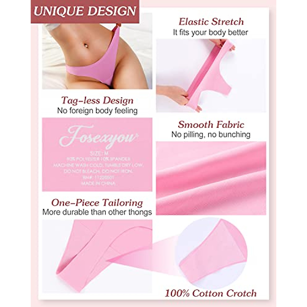 fosexyou 6 Pack Seamless Thongs for Women No Show Thong Underwear Women Low Rise Breathable Panties