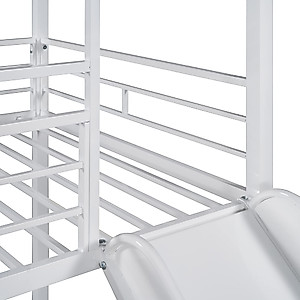Bellemave Twin Over Twin Metal Bunk Bed with Slide, House Bunk Bed with Roof and Guardrails for Kids, Teens, Girls, Boys (White)