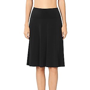 ShezPretty Women's Fold Over Waist Band A-Line Flared Midi Skirt (Large, Black)