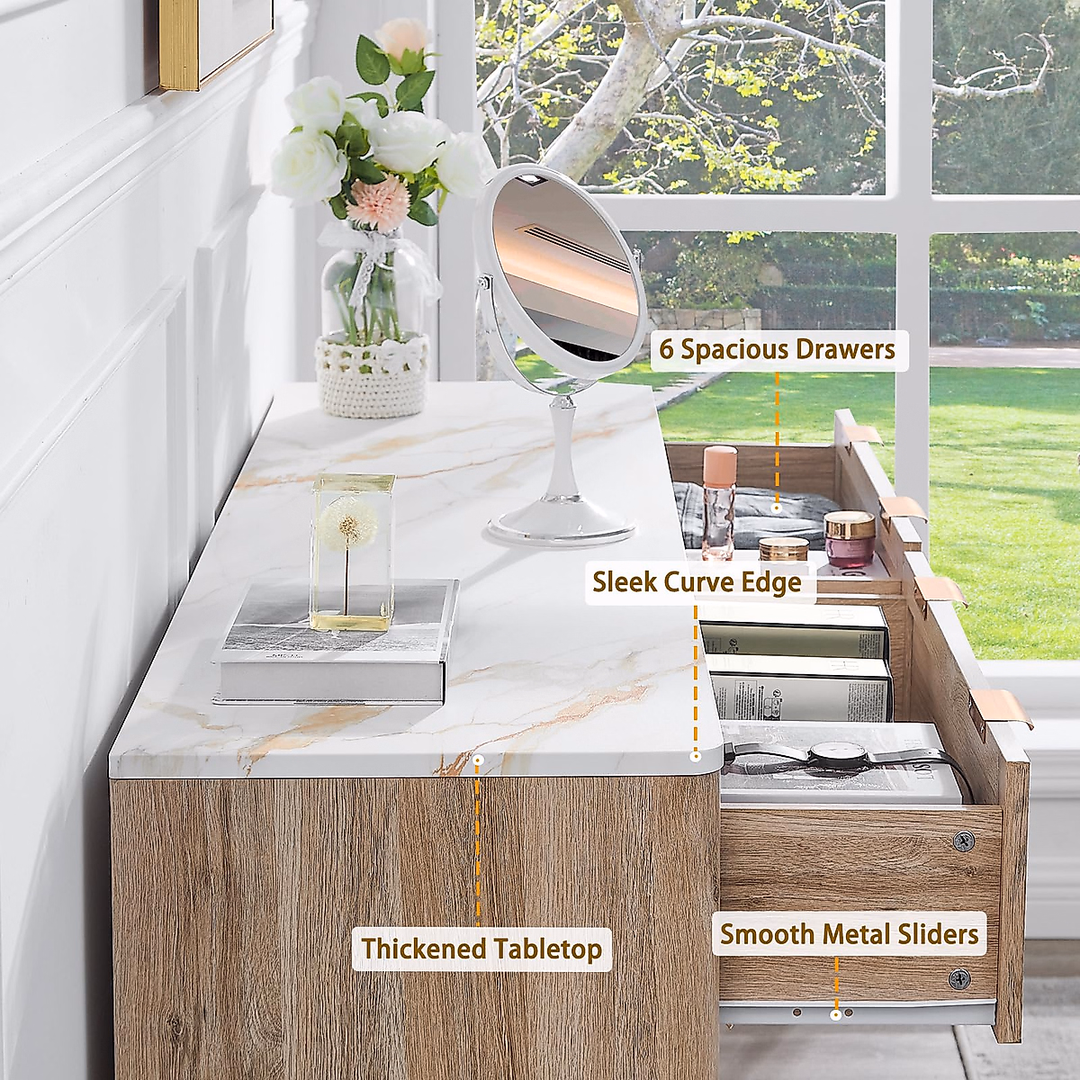 6 Drawers Dresser for Bedroom, 54" Large Storage Dresser, Farmhouse Wood Dressers with Faux Marble Top, Modern Dressers & Chests of Drawers for Living Room Entryway, Fluted Curved Profile, Natural Oak